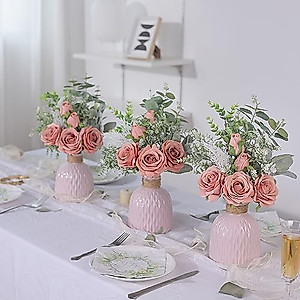 Artificial Flowers with Ceramic Vase,Faux Silk Roses and Fake Plant Eucalyptus in Vase for centerpiece table decorations, living room,dining table,fireplace,office,farmhouse,home decor(Dusty Pink)