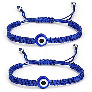 COLORFUL BLING Set Evil Eye Handmade Knots Beaded Beads Protection Good Luck Thread String Rope Adjustable Bracelets Bangle Amulet Turkish for Women Men Family Friends Handmade Braided-2 Blue