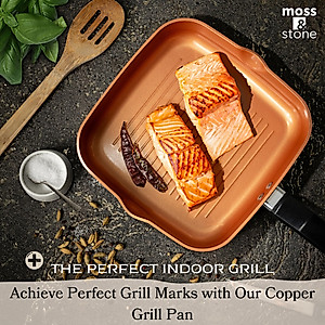 Moss & Stone Square Grill Pan For Indoor Cooking, 9.5In Frying Pan Copper Non-Stick Saute Fry Pan, Induction Copper Pan for Meats & Vegetables, Aluminum Griddle Nonstick Stove Top Grill Pan