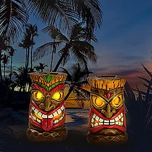 TERESA'S COLLECTIONS Set of 2 Tribal Tiki Head Decor Garden Sculptures & Statues with Solar Lights, Hawaiian Tropical Tiki Torch Totem Figurine, Outdoor Bar Patio Yard Lawn Party Beach Decorations