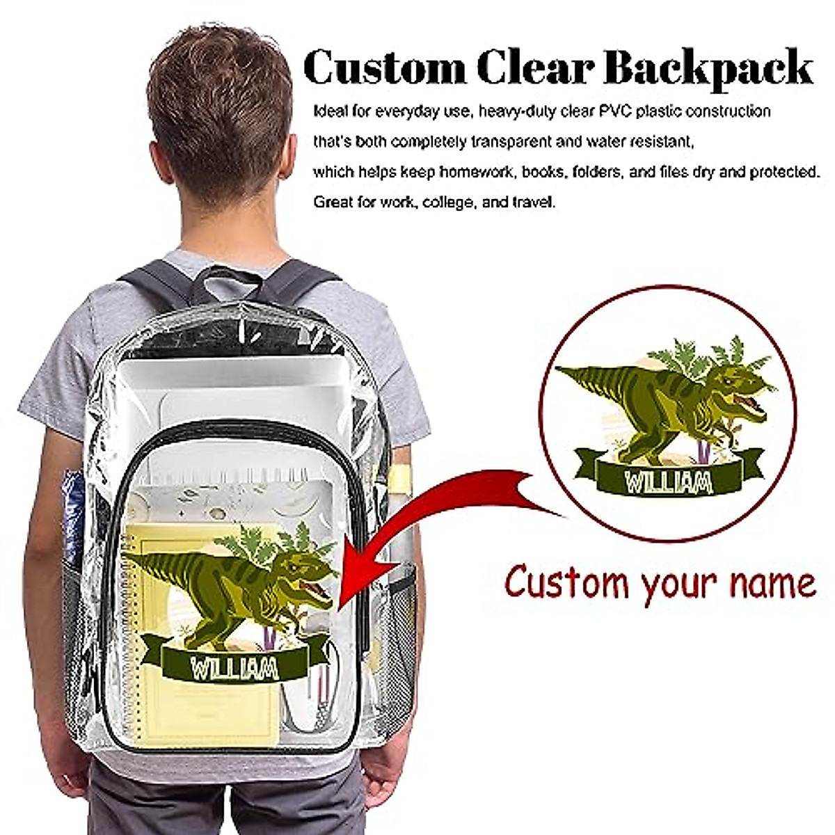 J&SBGFT Personalized Clear Backpack for Boys,Custom Dinosaur Clear Backpacks with Name,Transparent Backpack with Reinforced Strap,See Through Book Bag,Waterproof Heavy Clear Book Bag for School
