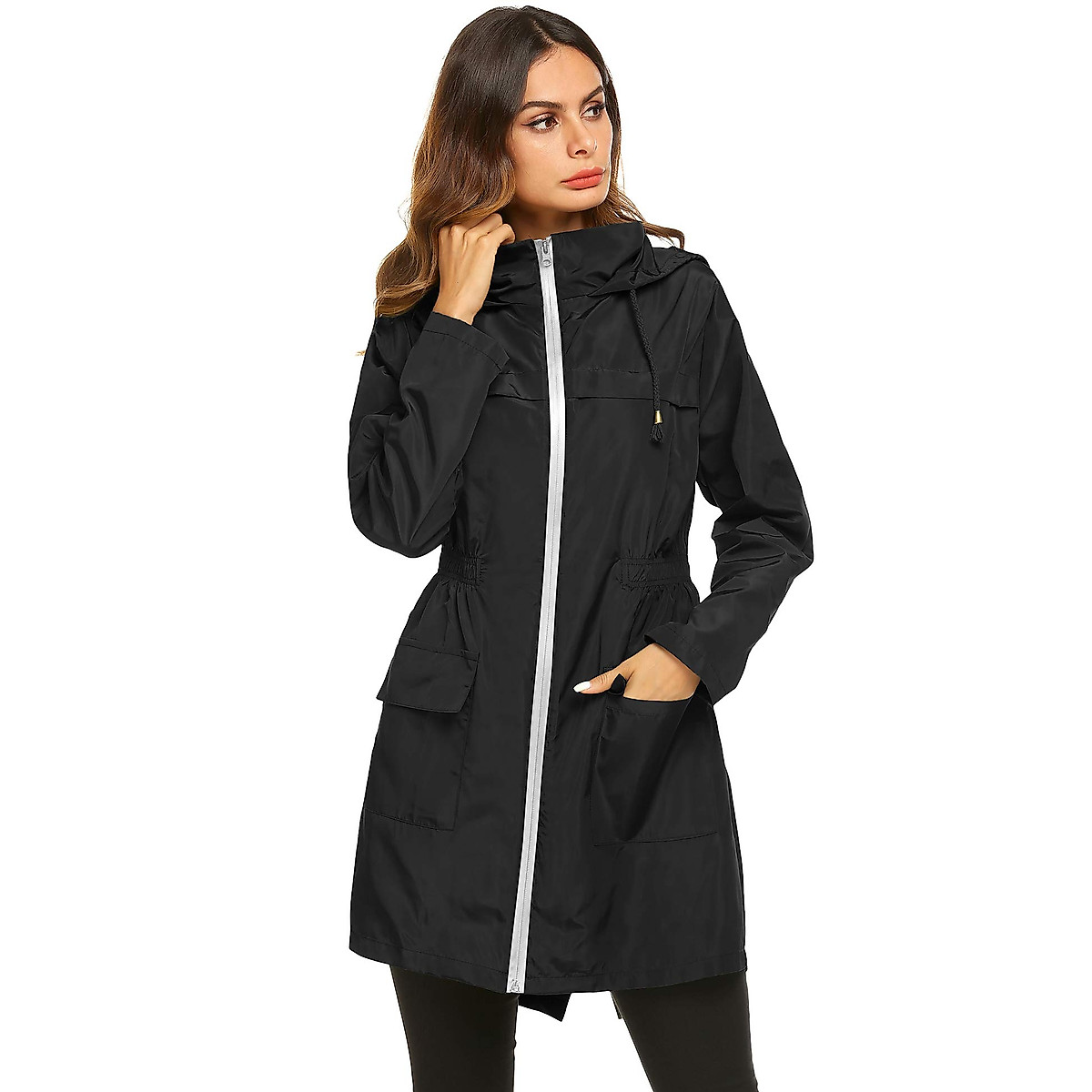 LOMON Raincoats Waterproof Lightweight Rain Jacket Active Outdoor Hooded Women's Trench Coats(Black XL)