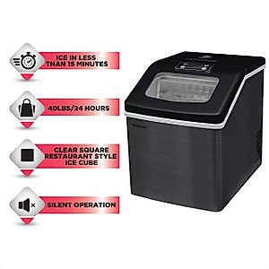 Frigidaire EFIC452-SSBLACK XL Maker, Makes 40 Lbs. of Clear Square Ice Cubes A Day, Black Stainless