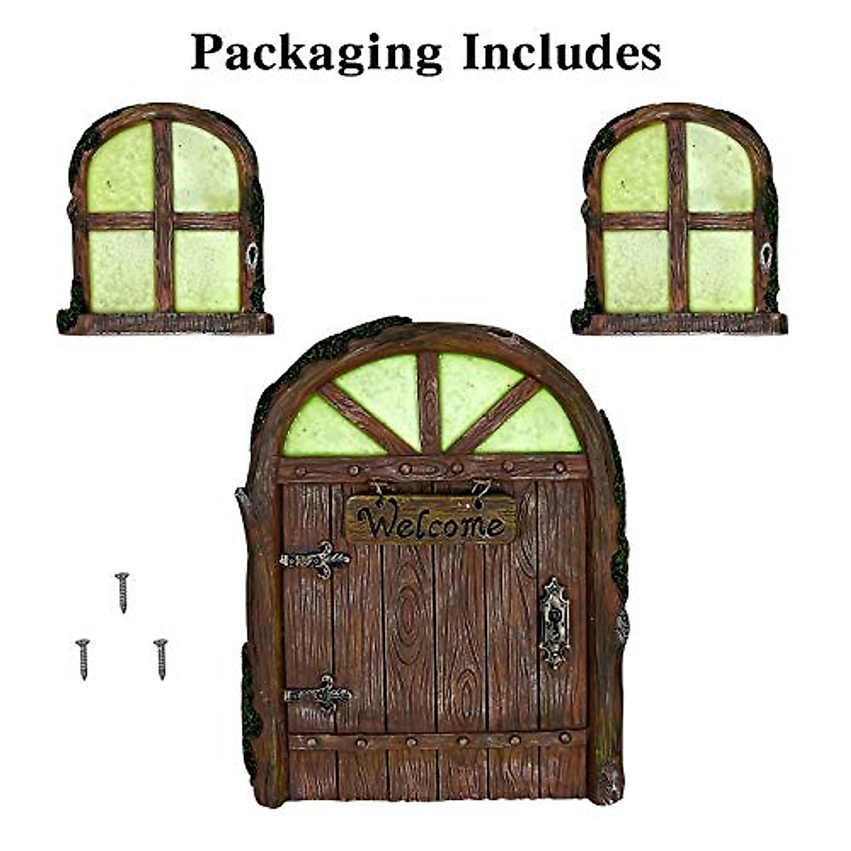 ALLADINBOX Miniature Fairy Gnome Home Window and Door with Welcome Sign for Trees Decoration, Glow in Dark Fairies Sleeping Door and Windows, Yard Art Garden Sculpture Lawn Ornament Halloween Decor