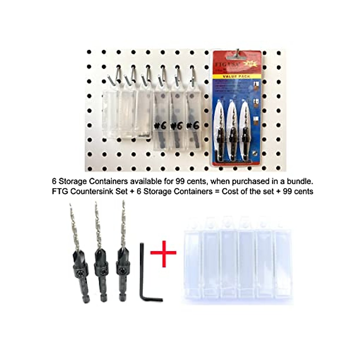 FTG USA Countersink Drill Bit Set 3 Pc #6 (9/64") Wood Countersink Drill Bit Pack Same Size Set with 12 Replacement Bits #6 (9/64") Tapered Countersink Bit, with 1 Hex Wrench,