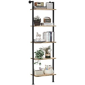5-Tier Bookshelf Solid Wood Ladder Shelf, Narrow Book shelf Display Shelf, Wooden Ladder Shelf Bookcase, Wall Mount Ladder Shelf, Storage Rack for Living Room, Bedroom, Industrial Style, Rustic Brown