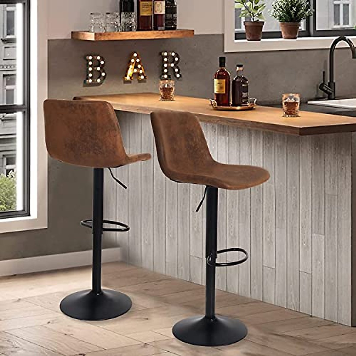 Bar Stools Set of 2 Counter Height | Bulk Continental | Swivel Barstools with Footrest and L Shape Back, Height Adjustable Modern Bar Chairs, Leather - Brown