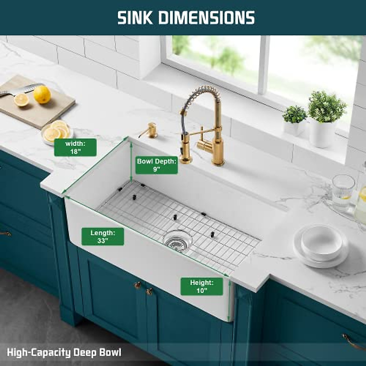 LYNNADO Farmhouse Sink 33 inch Fireclay Farm Kicthen Sink Apron Sink Large &Deep Single Bowl Undermount Sink with Bottom Grid in & Drain, White Color