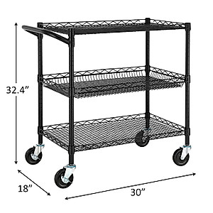 Finnhomy 3 Tier Heavy Duty Commercial Grade Utility Cart, Wire Rolling Cart with Handle Bar, Steel Service Cart with Wheels, Kitchen Cart on Wheels, Food Storage Trolley, NSF Listed, Black