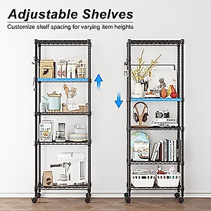Homdox 5 Tier Wire Shelving Unit on Wheels, Adjustable Storage Racks and Shelving, Heavy Duty Rolling Metal Shelves with Side Hooks for Laundry Bathroom Kitchen Garage Pantry Organization, Black