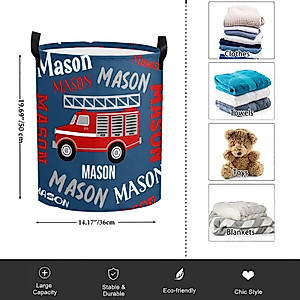Fire Truck Blue Name Text Personalized Laundry Basket Hamper,Collapsible Storage Baskets with Handles for Kids Room,Clothes, Nursery Decor