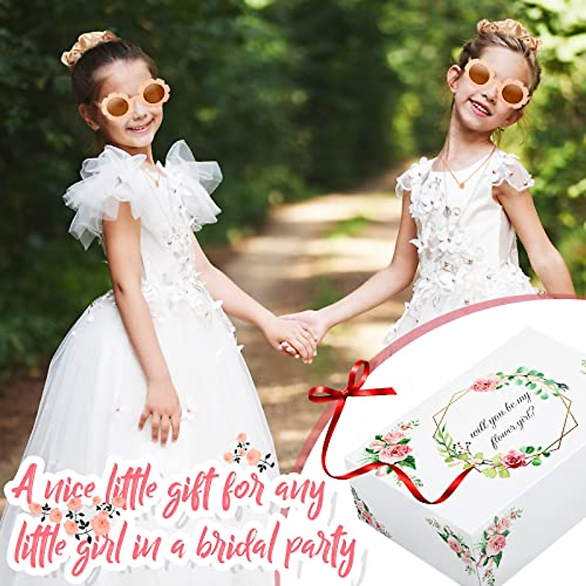 Hanaive 6 Pcs Flower Girl Gifts Flower Girl Proposal Box Set Necklace Round Flower Glasses Water Bottle Diamond Pen Hair Scrunchies Will You Be My Flower Girl Box for Wedding (Pink, Bright Style)