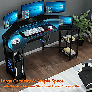 Lomie Computer Desk with Power Outlet & Led Light, 63" Large Wing-Shaped Gaming Desk with Full Monitor Stand, Wireless Charging, RGB Mouse Pad,Headphone Hook,Studio Desk with Storage Shelf for Live