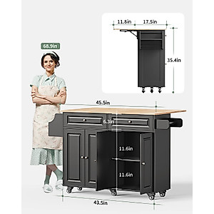 Qsun Kitchen Island with Storage, Kitchen Cart on 5 Universal Wheels, Mobile Kitchen Island with Rubber Wood Top and Side Rack (Black)