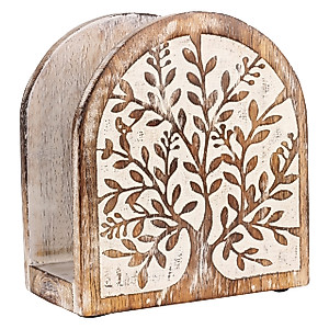 Wooden White Wash Tree of Life Tissue Paper Holder with Full Size Decorative Napkin Stand Tissue Paper Organizer for Home & Kitchen Dining Table Stand