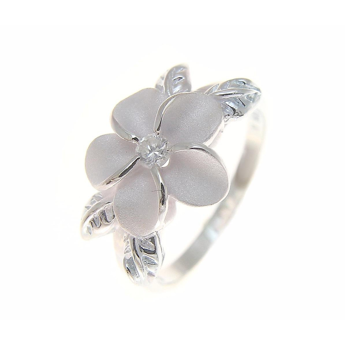 Arthur's Jewelry Sterling silver 925 Hawaiian 12mm plumeria flower maile leaf white cz ring size 7