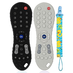 Teething Toys for Babies 6-12 Months-2 Pack Silicone TV Remote Control Shape Baby Hand Teethers for 12 to 18 Months -Infant Chew Toys with Anti-Drop Pacifier Clip-Safety Tested (Black & Grey)
