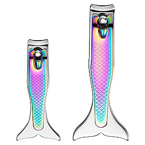 2Pcs Mermaid Nail Clipper Set, Fishtail Design Comfortable Grip Stainless Steel Easy to Use Fingernail Scissors Cutter for Home Use, Christmas Birthday Stocking Stuffers (Multicolor)