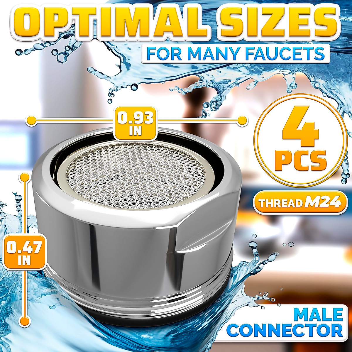 4Pcs Bathroom Faucet Aerator Replacement with Brass Shell - Kitchen Sink Aerator Faucet with Gasket - Kitchen Faucet Aerator Male Thread 15"/16" 24mm Bathroom Sink Aerator 2.2 GPM Faucet Aerator