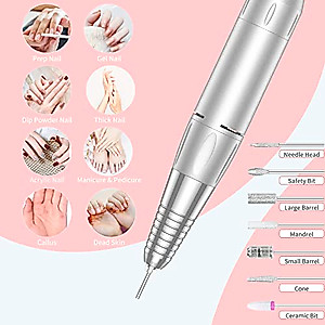 Portable Nail Drill Professional 35000 RPM, Rechargeable Electric Nail File Machine E File for Acrylic Nails Gel Polishing Removing, Cordless Efile with Bits Kit for Manicure Salon Home, Pink