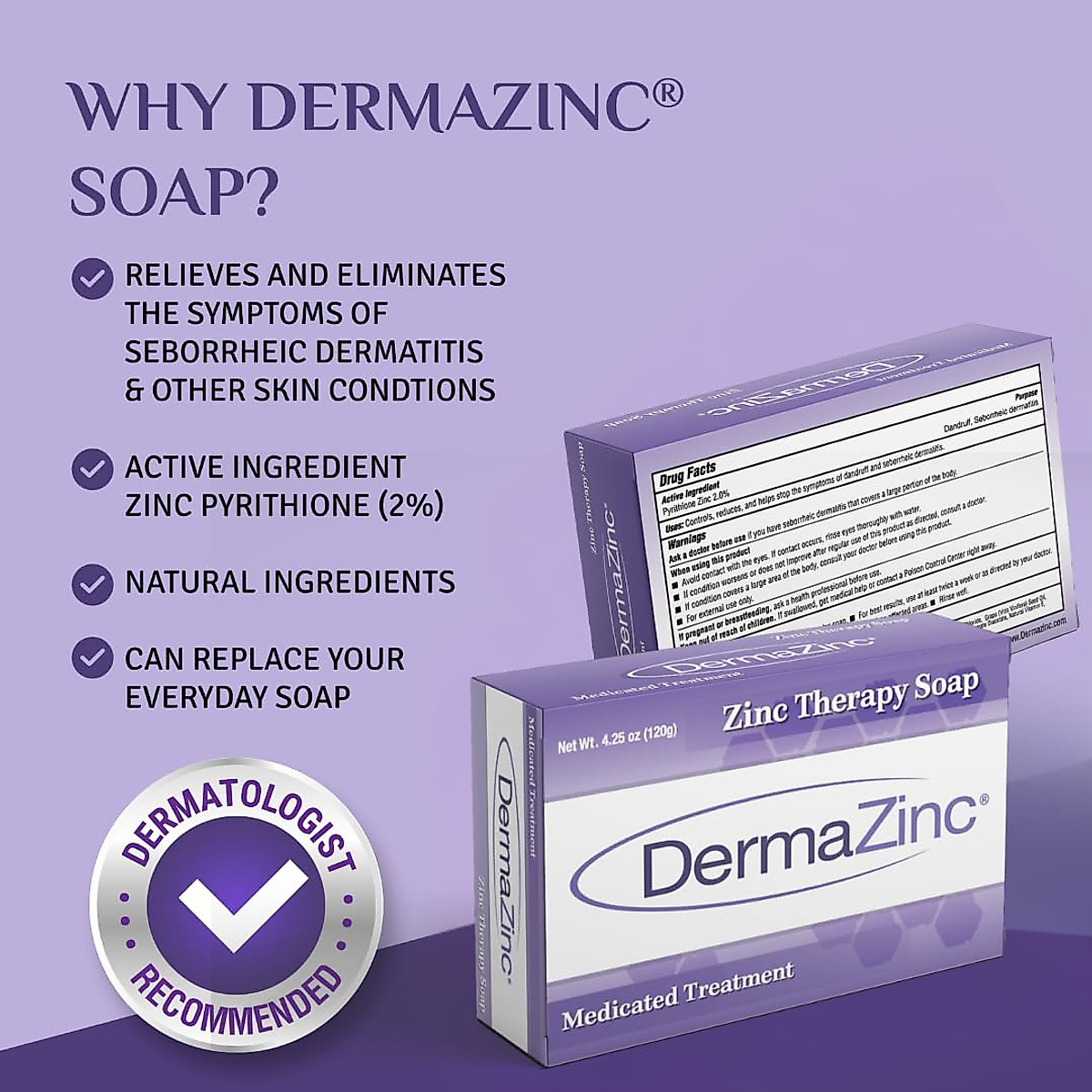 DermaZinc Zinc Therapy Soap 4.25 Ounce (120 gram) Bar - 3 Pack