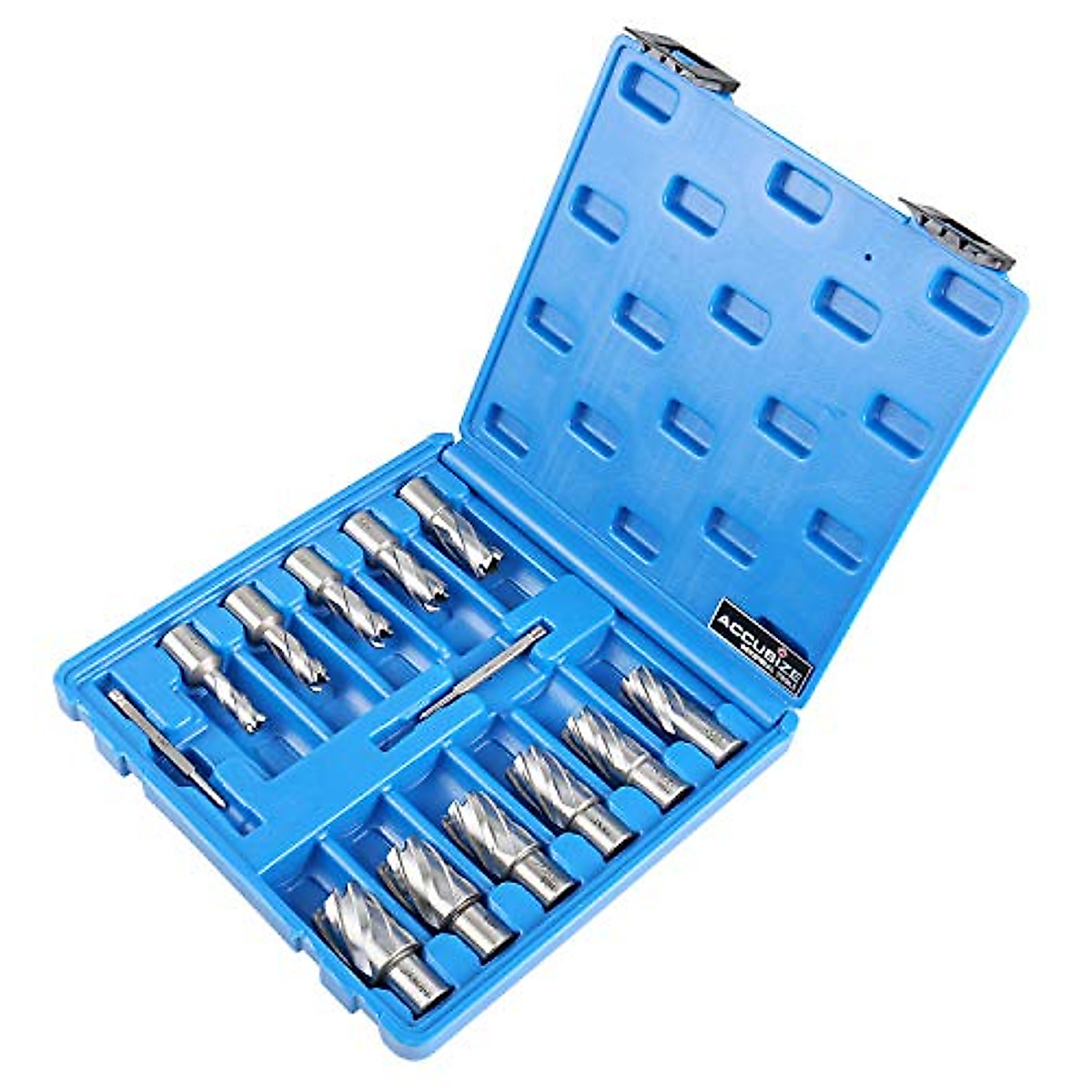 Accusize Industrial Tools 13 Pc 7/16'' to 1-1/16'' Hss Annular Cutters, 1'' Cutting Depth, 3/4'' Weldon Shank, with 2 Pilot Pins, Strong Box, N10