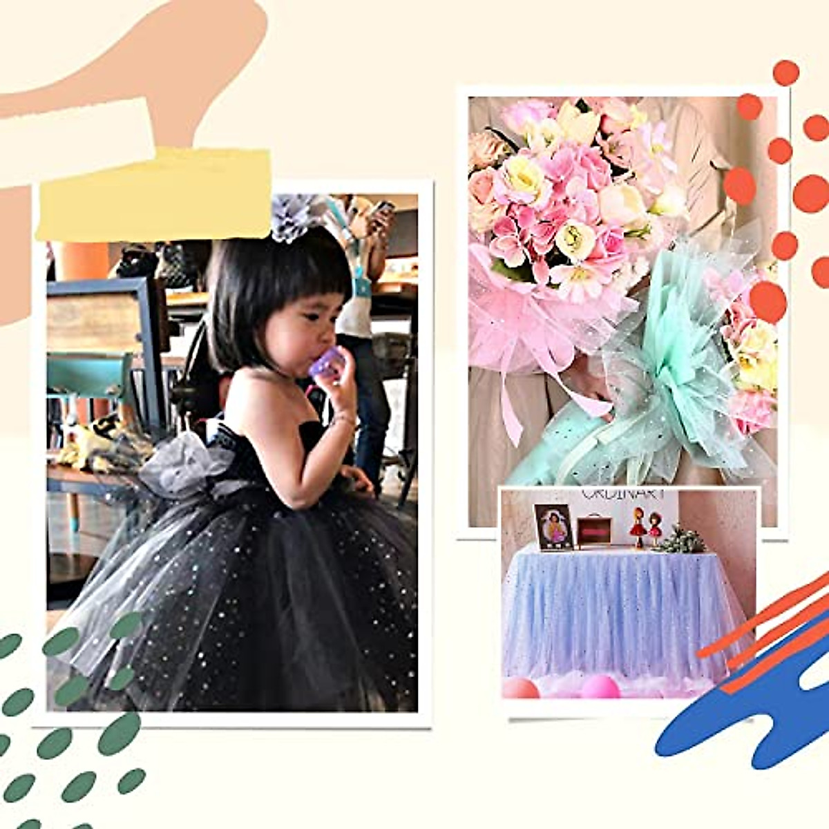 Glitter Tulle Fabric 6 Rolls 6 Inch by 60 Yards Total Sparkle Sequin Mesh Netting Fabric Ribbon Spool for Wedding Birthday Party Baby Shower Decorations DIY Tutus Petticoat Tulle Skirt Table Skirt