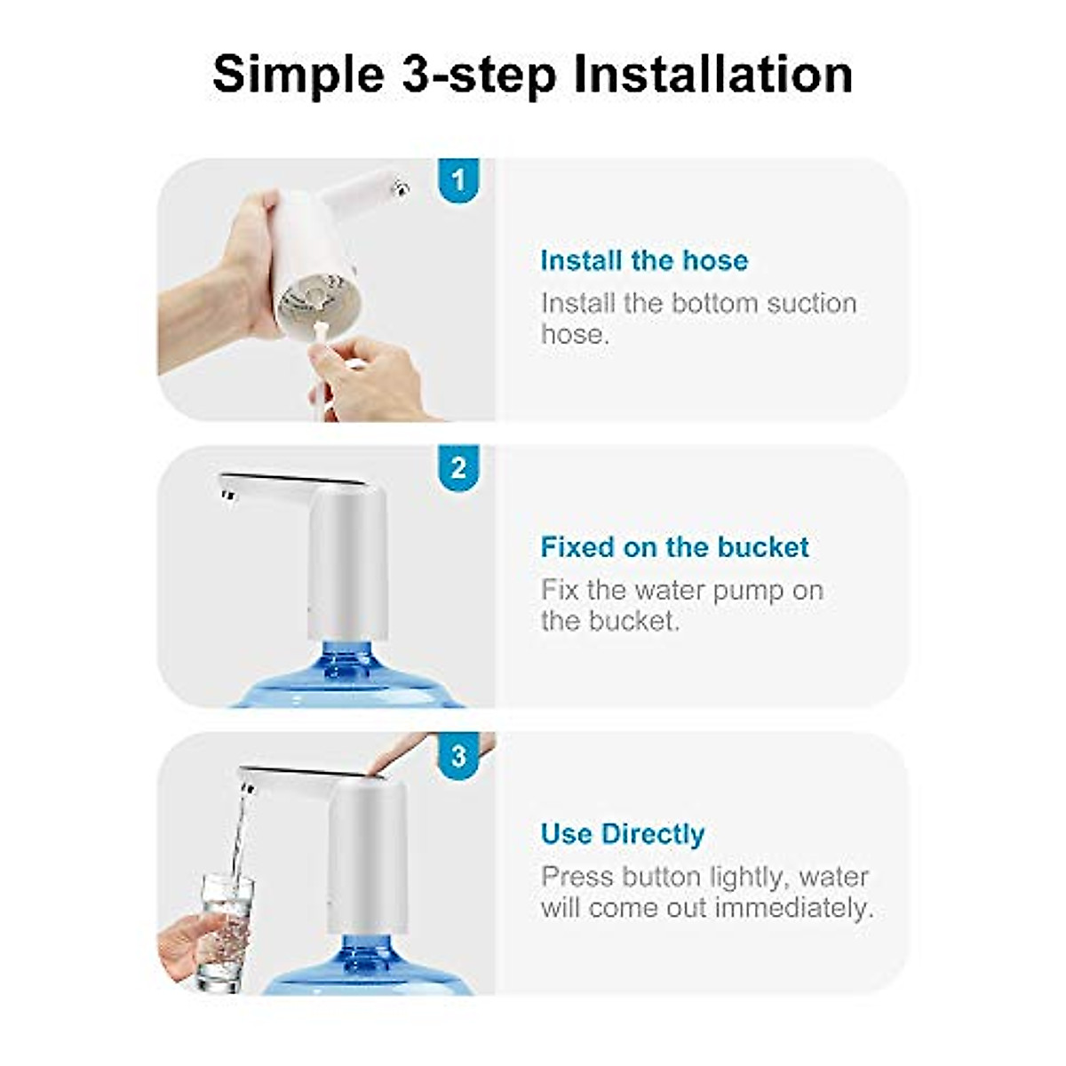 Electric Water Bottle Pump, Maypott Water Jug Pump for 3-5 Gallon Bottle Build-in TDS Water Quality Tester USB Charging Low Noise Portable Drinking Water Dispenser for Camping Outdoor (White)