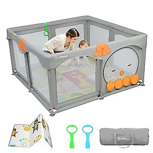 Addweet Baby Playpen for Babies and Toddlers, Cartoon Large Play Yard for Baby with Mat, Safety Playpen for Baby, Baby Play Area Indoor & Outdoor, Octopus, 50”×50” (Grey)