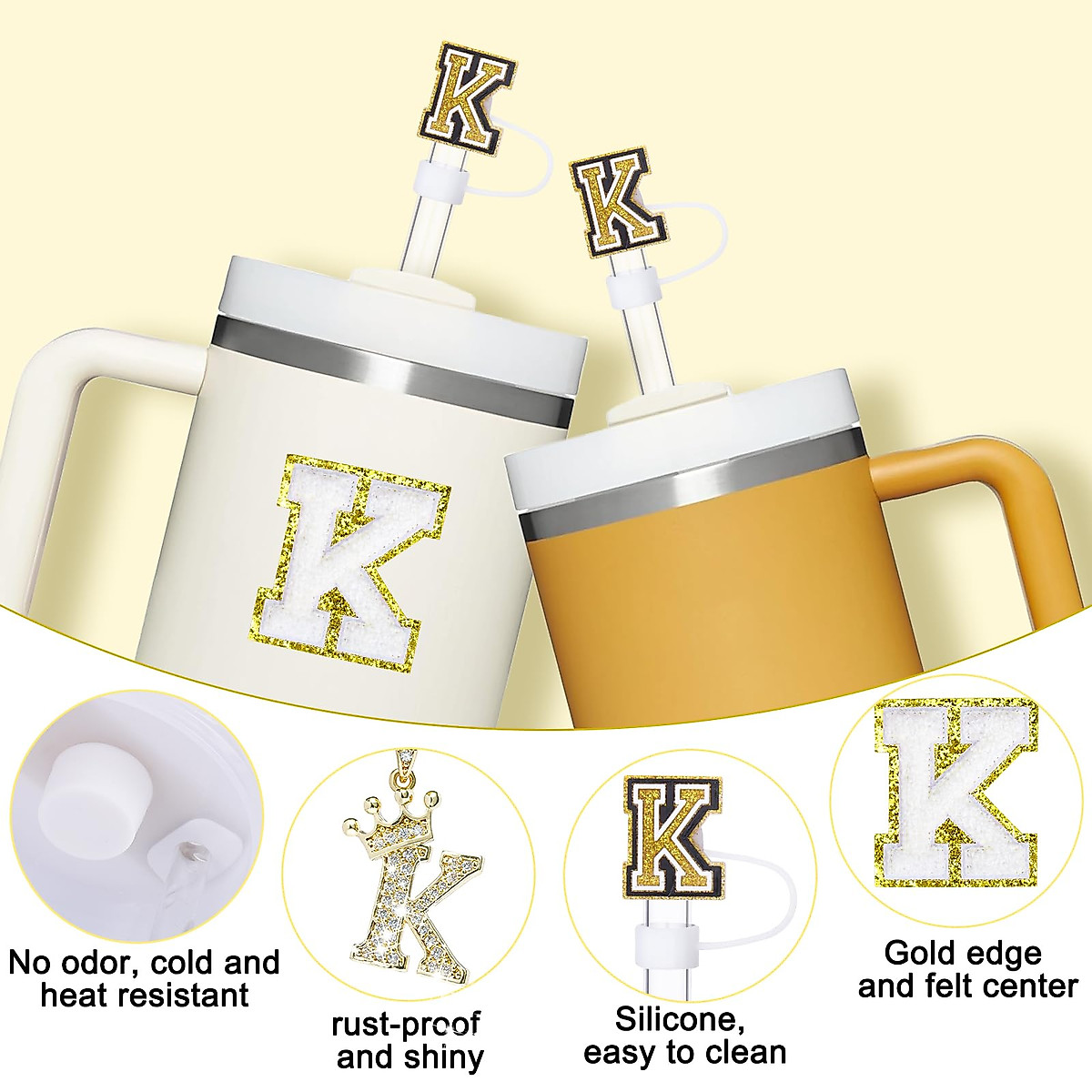 Mity rain 6pcs Cup Accessories Set for Stanley Cup 30 oz 40 oz Tumbler with Handle, Including Straw Cover Cap, Cup Initials Charm, Sticker, Silicone Boot, Round and Square Spill Proof Stopper,Letter K