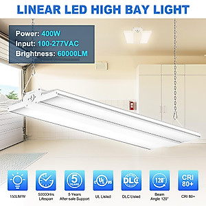 Linear High Bay Shop Light 3 Wattage Adjustable, UL DLC Listed, 3000K/4000K/5000K LED High Bay Light, 150LM/W, AC100-277V, Commercial Bay Lighting for Warehouse Shop Garage(400W/320W/240W)