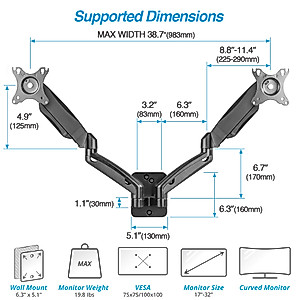 AVLT Dual 17"-32" Monitor Wall Mount fits Two 19.8 lbs Flat/Curved Computer Monitor Full Motion Height Swivel Tilt Rotation Adjustable Monitor Arm - VESA/Cable Management