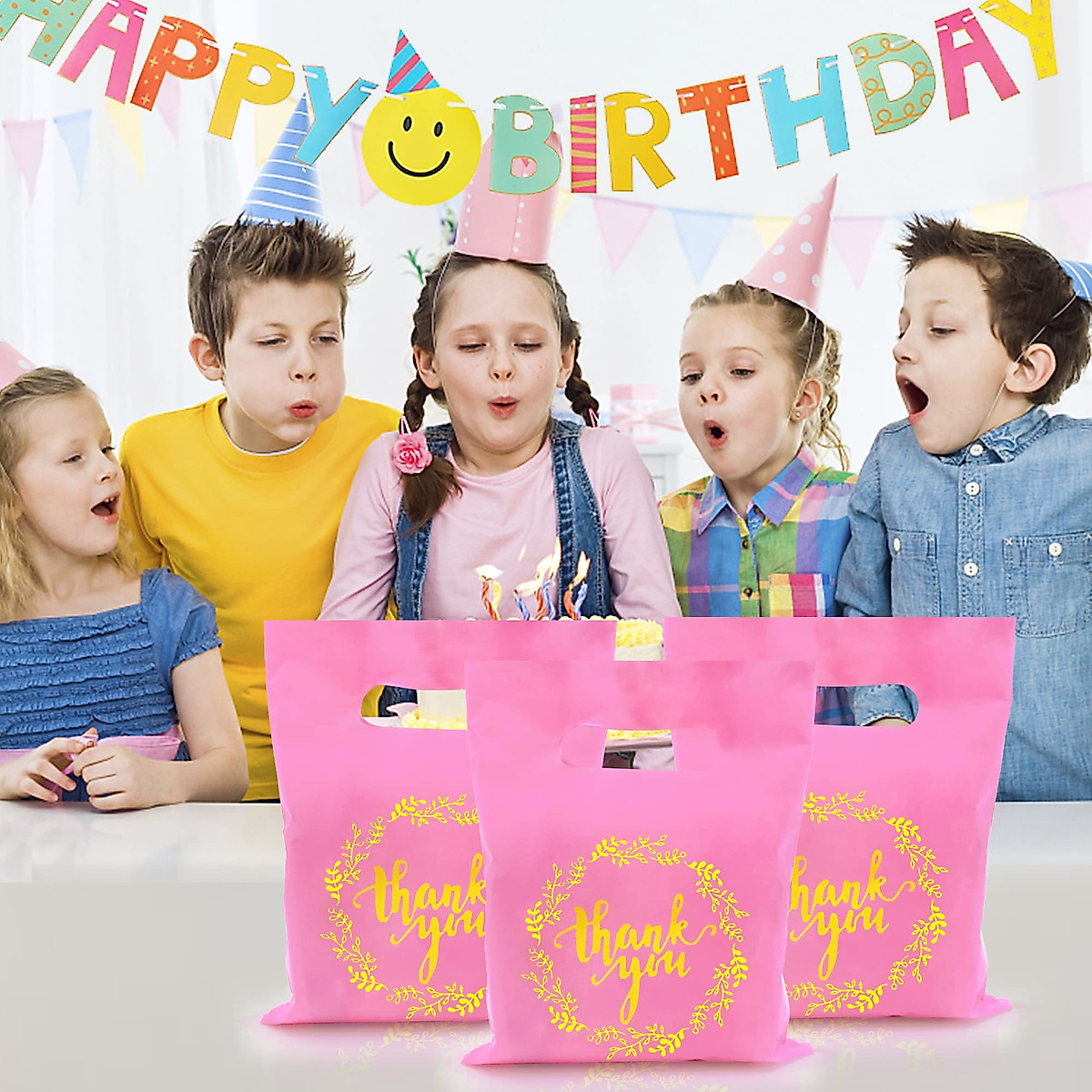 KDPATFAV 70 PCS 9" x 12" Plastic Merchandise Bags Shopping Bags with Thank You Logo Boutique Bags with Handles for Birthday Party Baby Shower Wedding Trade Shows and More (Pink)