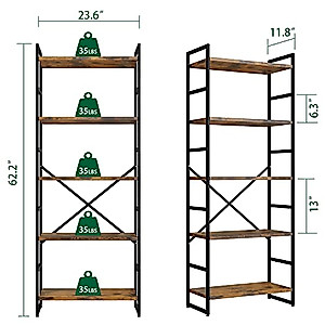 Shintenchi 5 Tiers Bookshelf, Classically Tall Bookcase Shelf, Industrial Book Rack, Modern Book Holder in Bedroom/Living Room/Home/Office, Storage Rack Shelves for Books/Movies-Rustic Brown