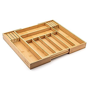 Bamboo Drawer Organizer with Knife Blocks - Silverware Organizer & Utensil Drawer Organizer, Cutlery Tray with Dividers, 7-9 Slots- Premium Kitchen Drawer Organizer for Utensils & Flatware (Natural)