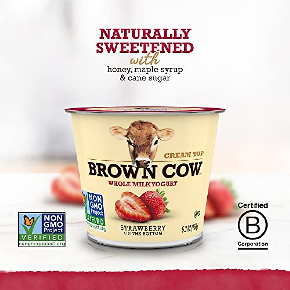 Brown Cow Cream Top Strawberry on the Bottom Whole Milk Yogurt, 5.3 oz. Cup- Creamy, Delicious Yogurt