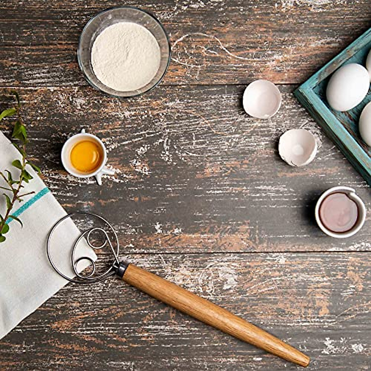 Sofease The Original Danish Dough Whisk - 304 Stainless Steel Ring Nonstick Dutch Whisk for Dough - Long Wooden Danish Dough Whisker Bread Mixer Handle Bundle with Flexible Plastic Scraper Cutter