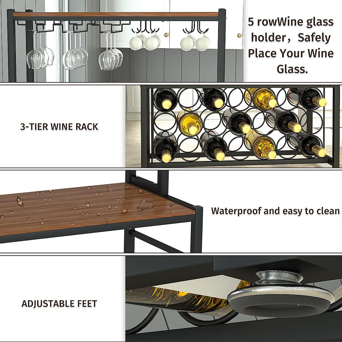 FIDVEKL Wine Rack Freestanding Floor, 5-Tier Industrial Wine Rack Freestanding Floor with Glass Holder and Wine Storage for Home Kitchen Dining Room, Rustic Brown