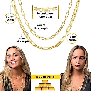 RWQIAN 18k Gold Dainty Oval Link Paperclip Chain Necklace Set for Women and Girls (18K Gold)