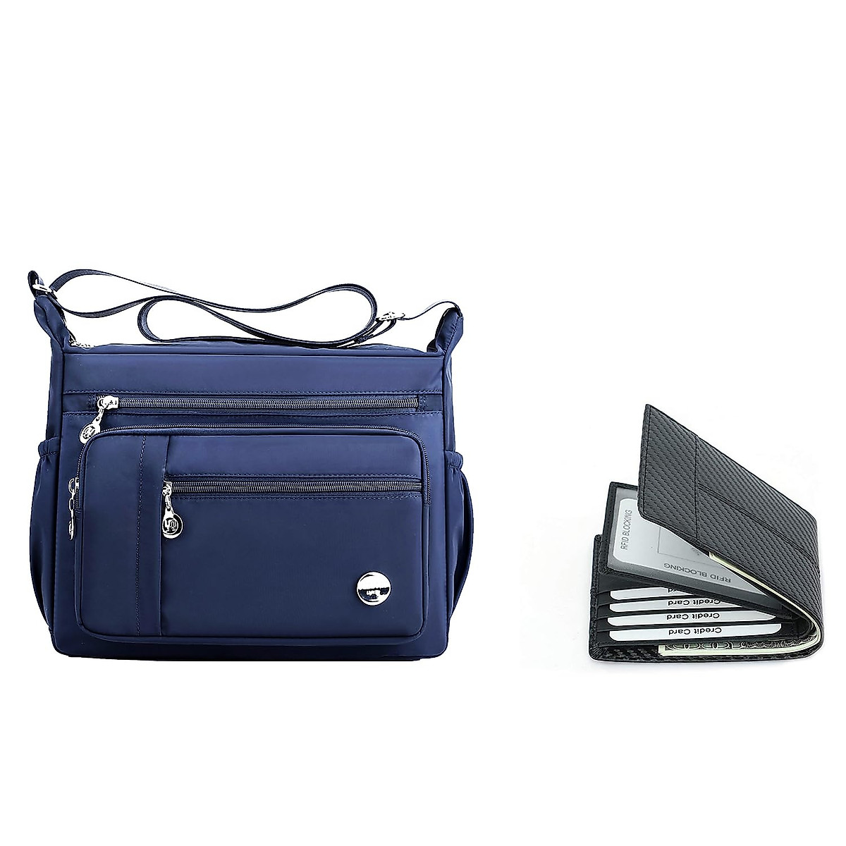 A bundling of cross-body shoulder bags and RFID card wallet for ladies(blue-small)