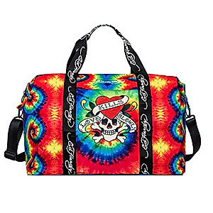 ED HARDY Unisex Black/Rainbow Skull Tatoo Print Nylon Duffle Bag With Adjustable Shoulder Strap