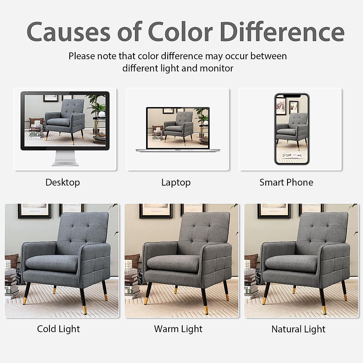 Giantex Modern Mid-Century Accent Chair - Upholstered Armchair with Tufted Back, Metal Legs, Adjustable Foot Pads, Linen Fabric Single Sofa Chair for Reading, Living Room Chair for Bedroom, Grey