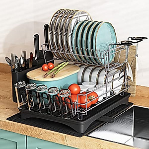 MAJALiS Dish Drying Rack and Drainboard Set, 2 Tier Large Dish Rack with Swivel Spout, Stainless Steel Dish Drainer for Kitchen Counter with Wine Glass Holder and Extra Drying Mat