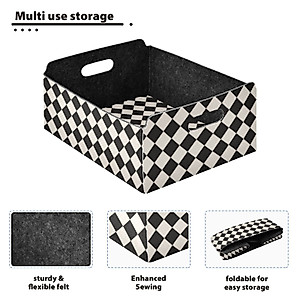 CaTaKu Foldable Storage Basket Black and White Checkered Collapsible Felt Storage Bins with Handle Drawer Organizer Bin Cube Shelf Box for Organizing Closet Clothes Office Books Bedroom