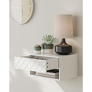 Aobafuir Floating Nightstand, Small Modern Floating Nightstand with Drawer, Floating Shelves for Bedroom, Bathroom (White Diamond)