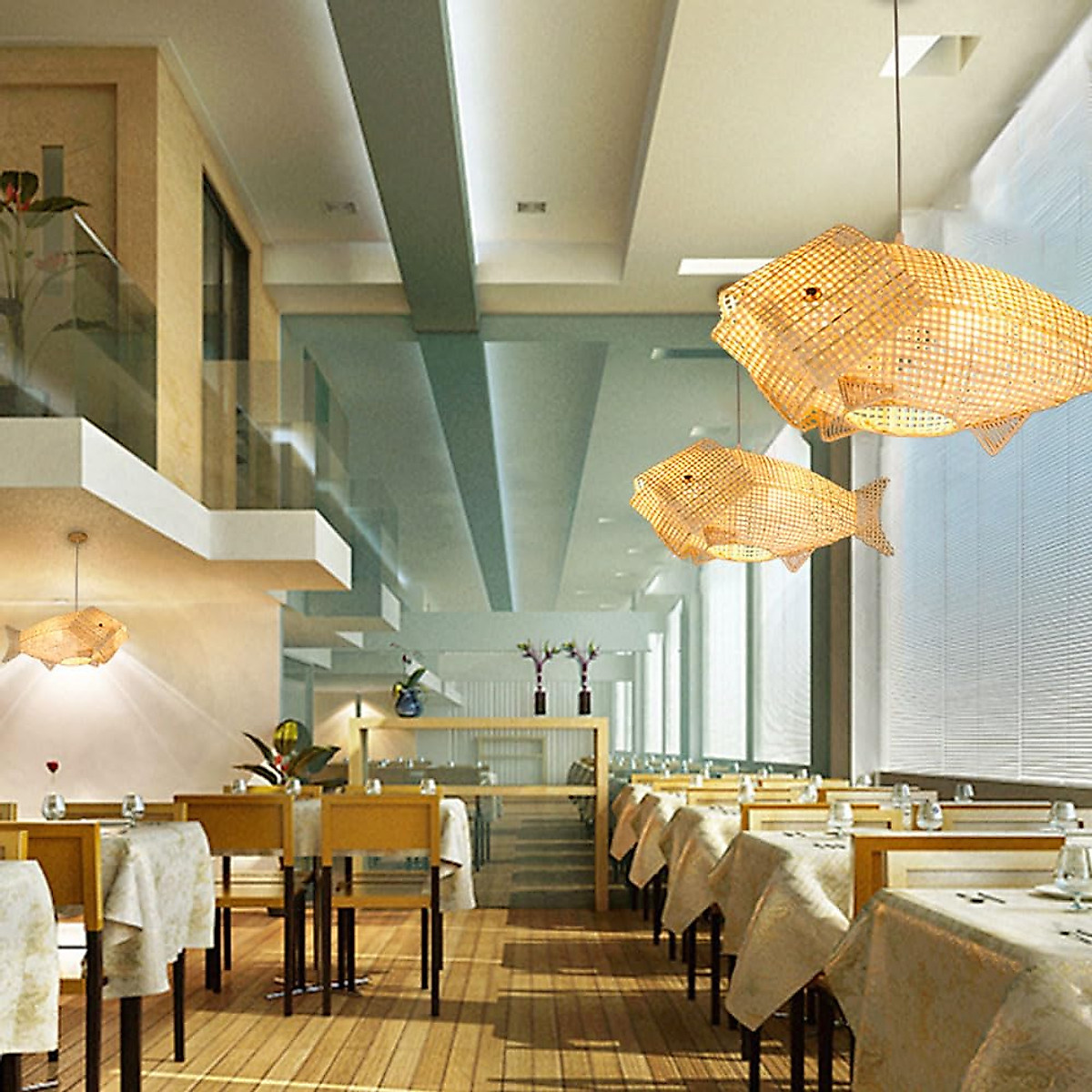 PARREN Fish-Shape Lantern Chandelier Hand-Wove Lamp Shade Modern Boho Style Bamboo Art Wicker Pendant Lamp Adjustable Ceiling Lighting Fixture Over Kitchen Island for Living Room,Dining Room Bedroom