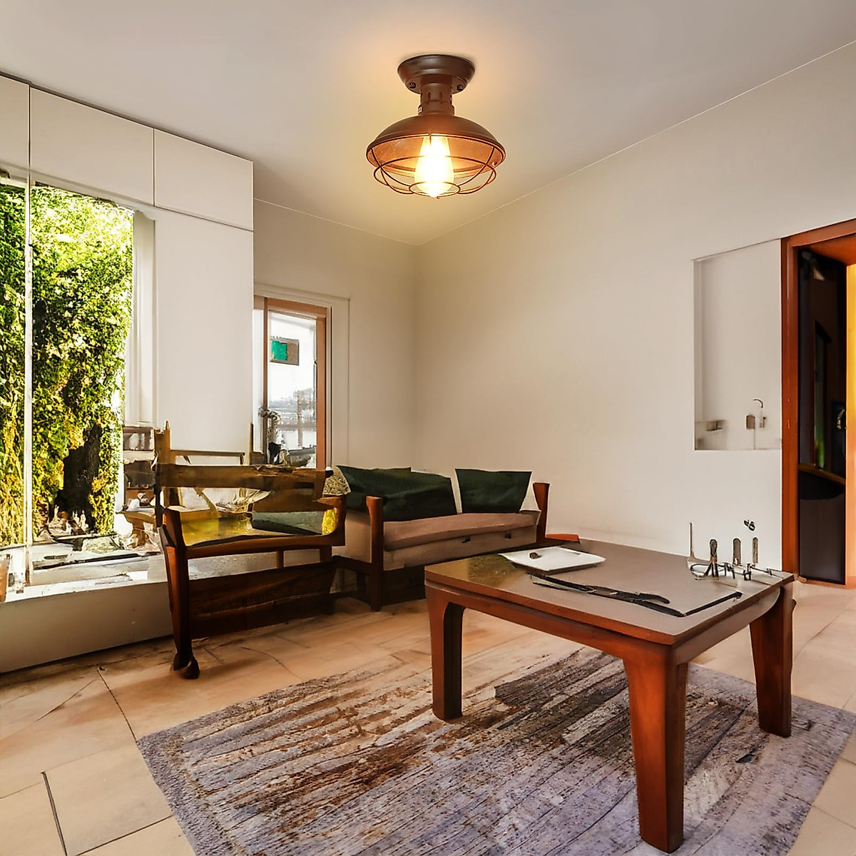 2 Pack Farmhouse Flush Mount Ceiling Light - Easric Industrial Ceiling Light Fixture Rustic Black Metal Cage Close to Ceiling Lamp E26 Base for Hallway Foyer Kitchen Porch