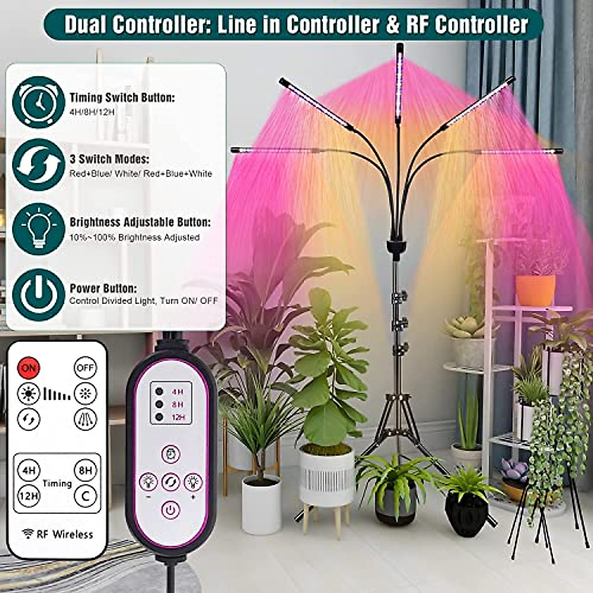 KEELIXIN Grow Lights for Indoor Plants,5 Heads Red Blue White Full Spectrum Plant Light with 15-60" Adjustable Tripod Stand, Indoor Grow Lamp with Remote Control and Auto On/Off Timer Function