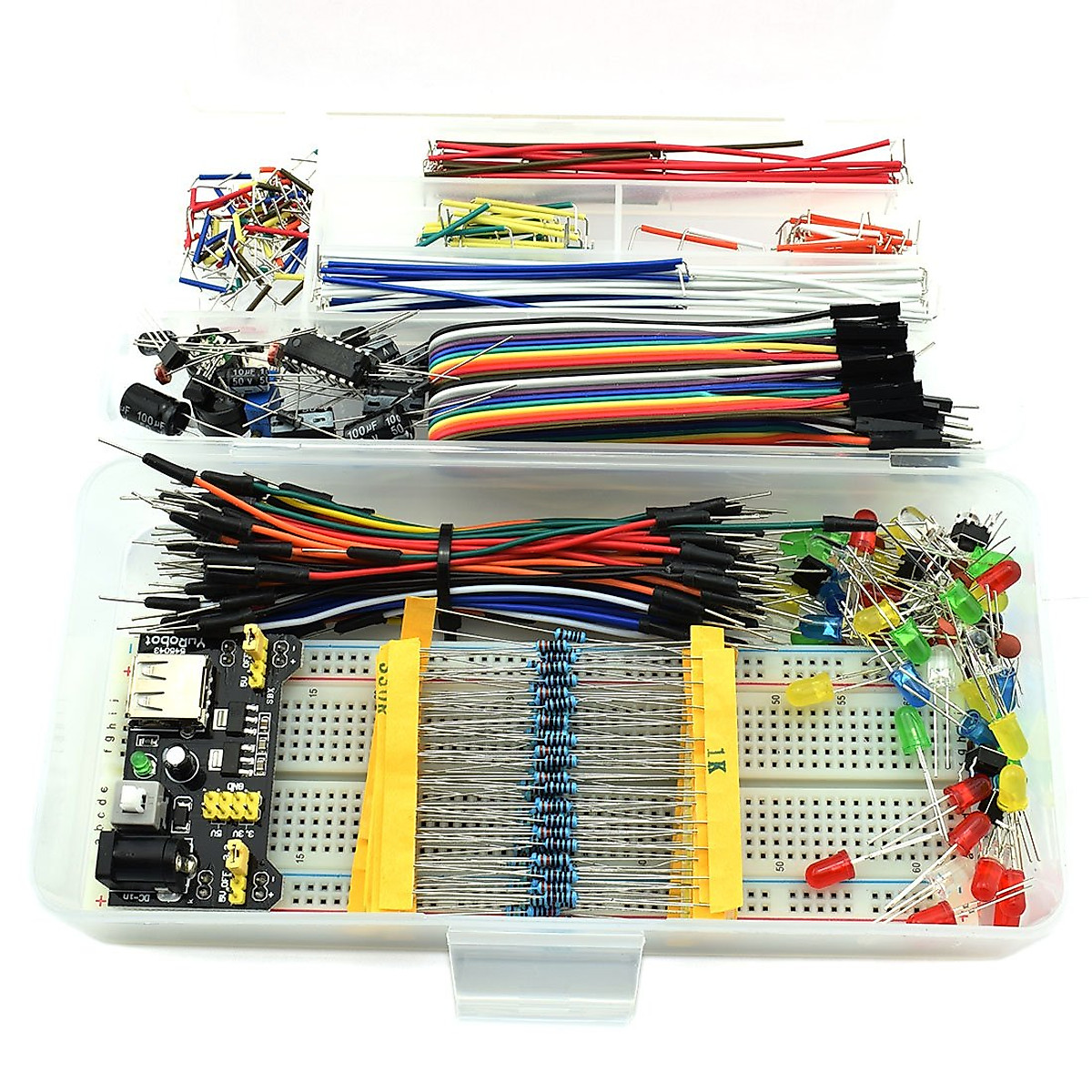 HJ Garden Electronic Component Assorted Kit for Arduino, Raspberry Pi, STM32 etc. 830 Breadboard + Jumper + Power Module + Resistor + Capacitor + LED + Switch (Pack of 458pcs)