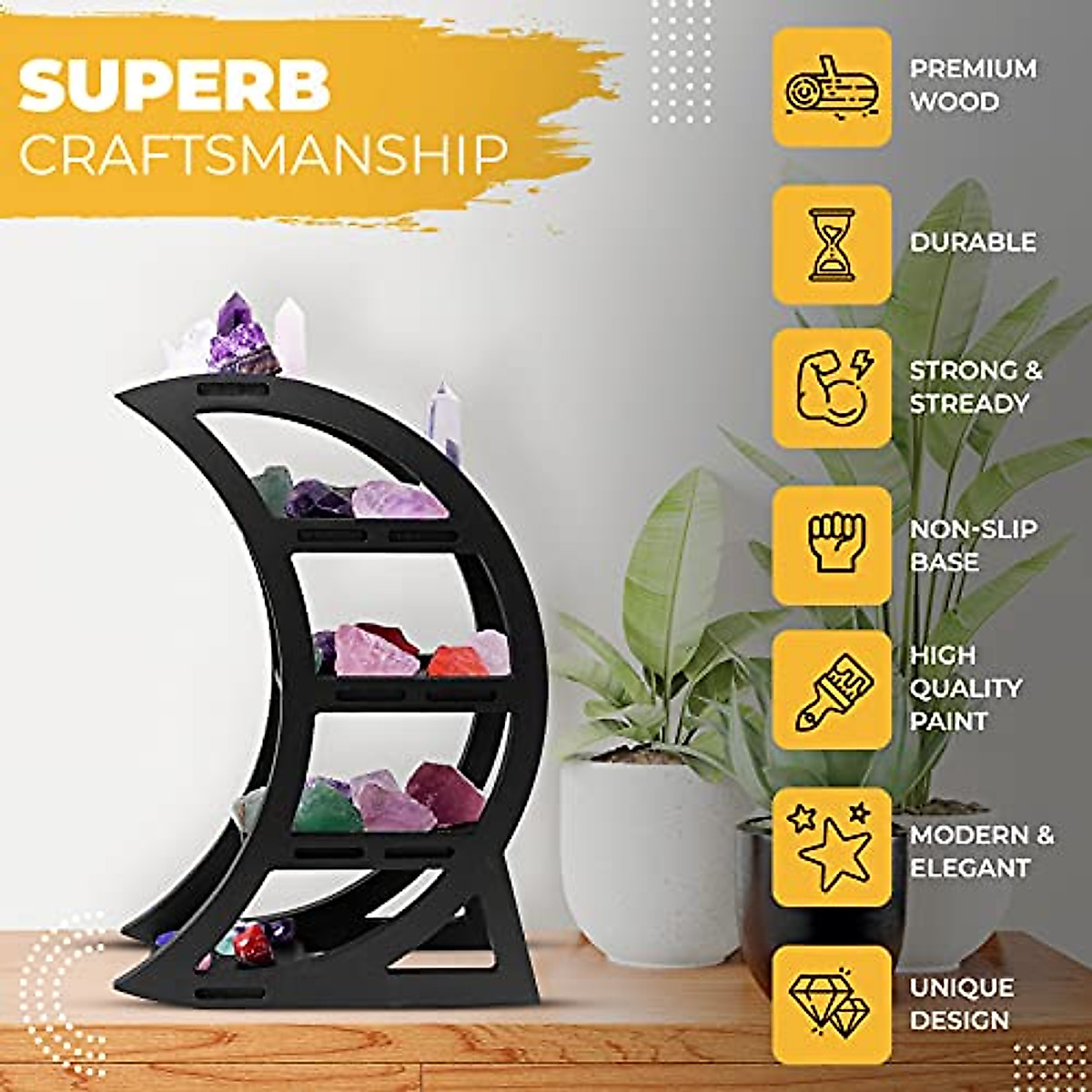 CEFRECO Wooden Crystal Display Shelf - Crystal Holder for Stones and Essential Oil - Black Witchy Decor Crescent Moon Phrase Decorative Shelves for Table Top - Unique Crystal Shelf Display Stand